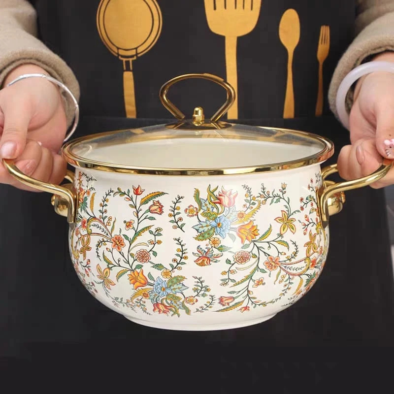 Enamel Soup Pot Retro Flower Bird Binaural Large Capacity Stew Pot with ...